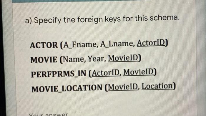 Solved a) Specify the foreign keys for this schema. ACTOR | Chegg.com