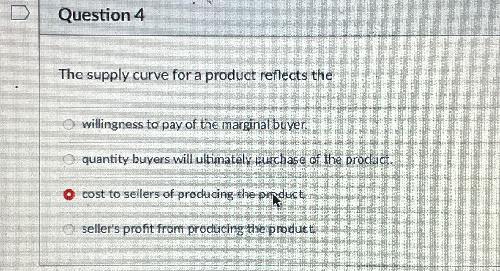 Solved Question 4The supply curve for a product reflects | Chegg.com