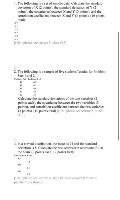 Solved 1. The following is a set of sample data. Calculate | Chegg.com