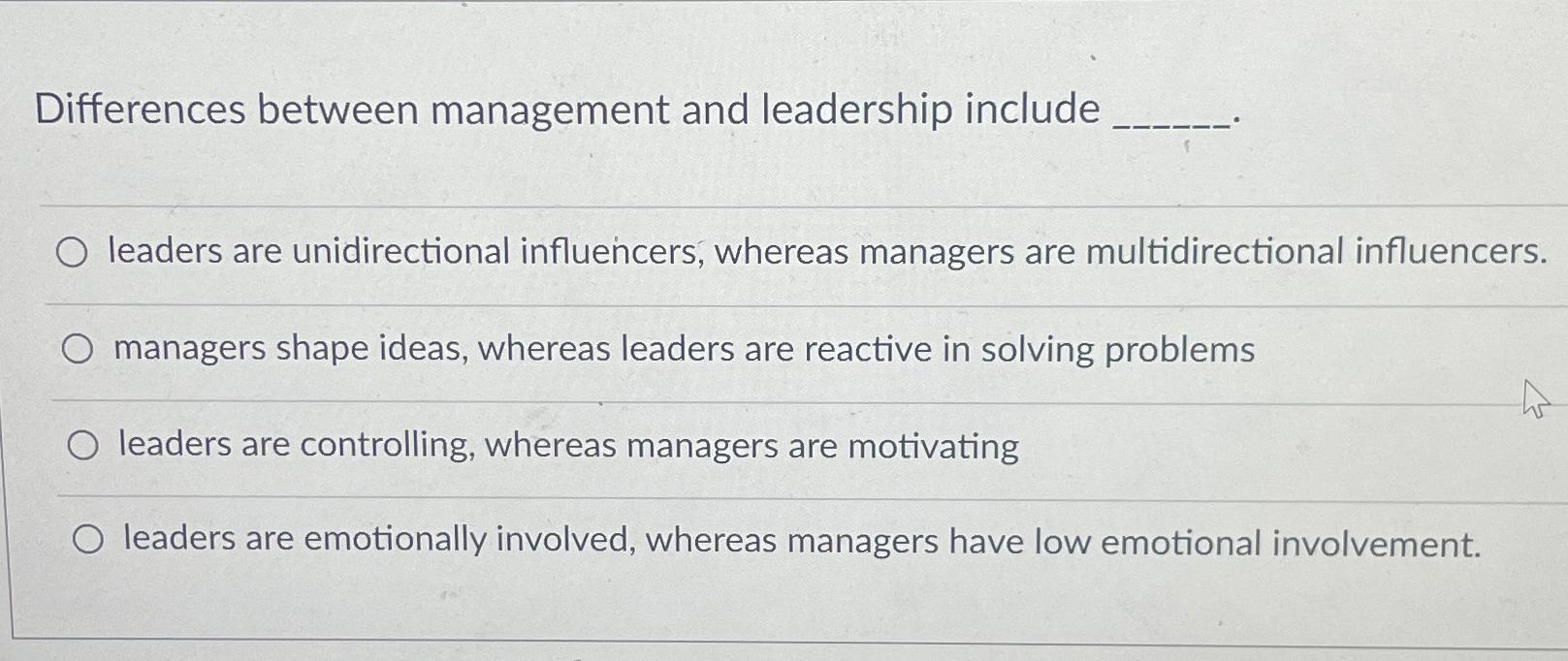 Solved Differences between management and leadership | Chegg.com