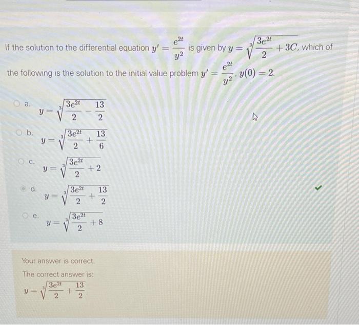 Solved e2 If the solution to the differential equation y' | Chegg.com