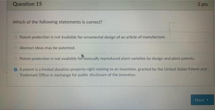 Solved Which of the following statements is correct? Patent | Chegg.com