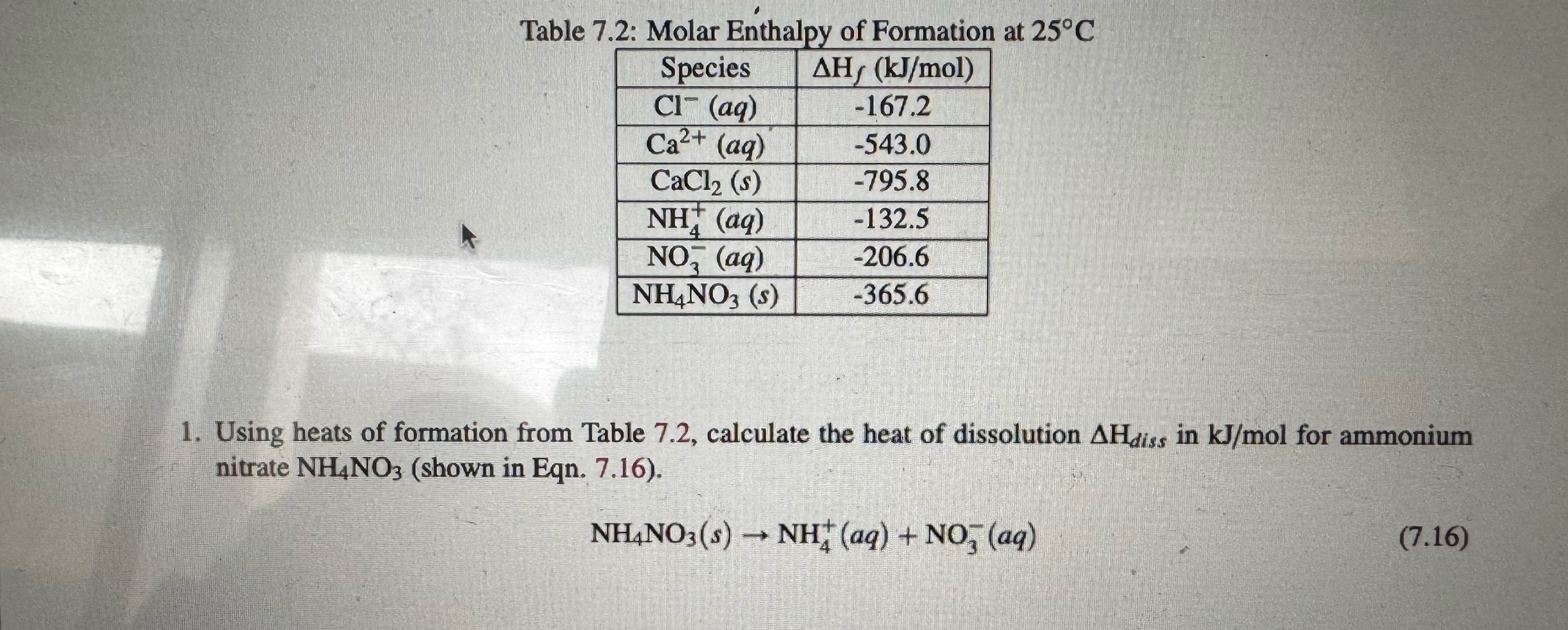 Solved Table 7.2: Molar Enthalpy of Formation at | Chegg.com
