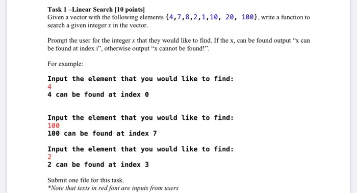 Solved Task 1 - Linear Search (10 points Given a vector with | Chegg.com