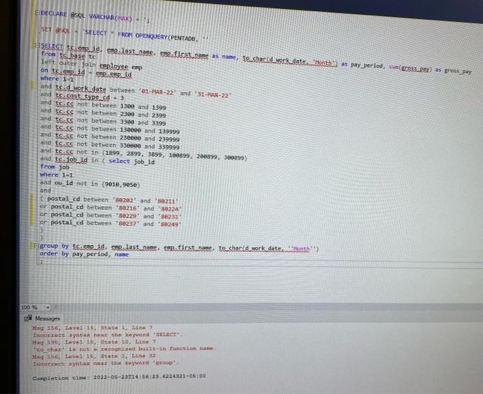 E DECLARE @SQL VARCHAR(MAX) 113 SET @SOL SELECT FROM | Chegg.com