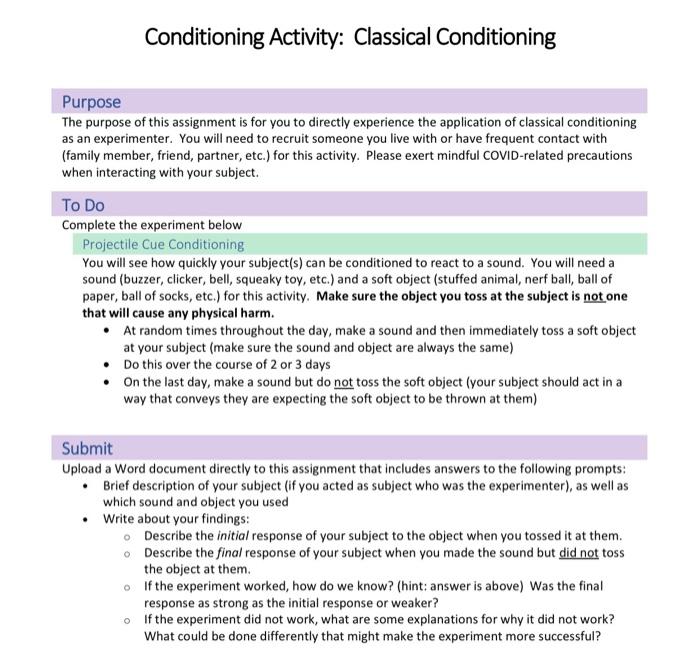 Solved Conditioning Activity: Classical Conditioning Purpose | Chegg.com