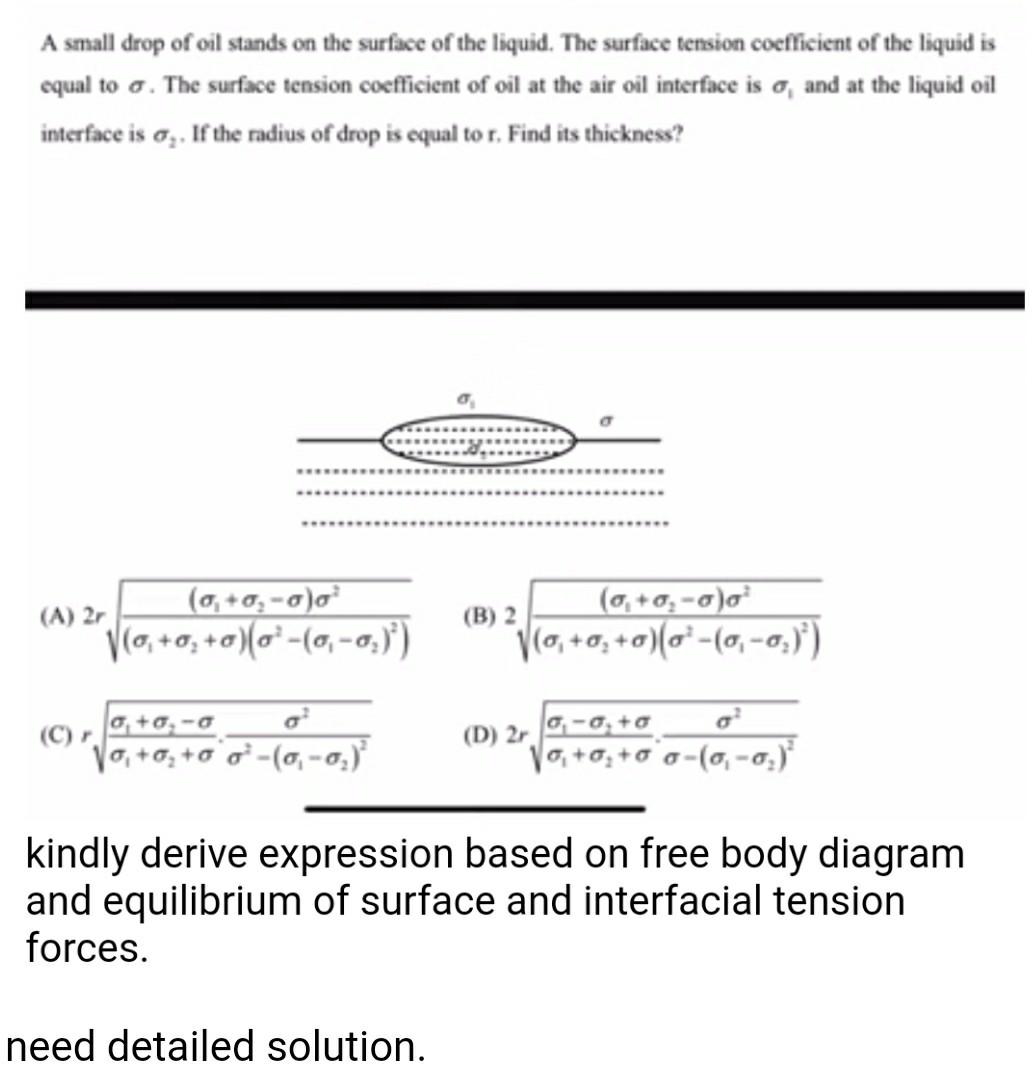 Solved A small drop of oil stands on the surface of the | Chegg.com