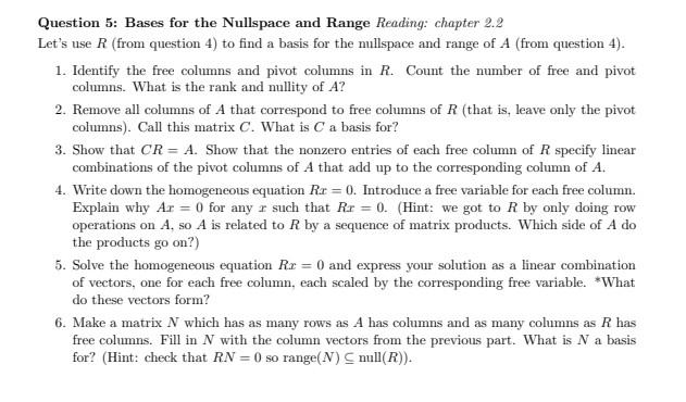 Question 5: Bases for the Nullspace and Range | Chegg.com