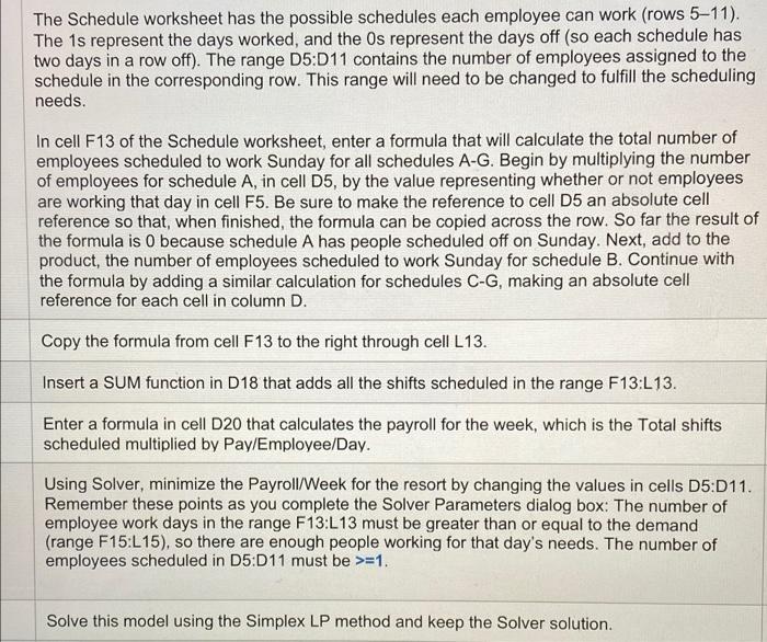 Solved The Schedule worksheet has the possible schedules | Chegg.com