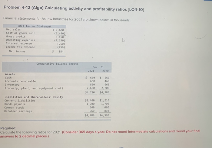 Solved Problem 4-12 (Algo) Calculating activity and | Chegg.com