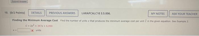 Solved Submit Answer 10. [0/2 Points] DETAILS X = PREVIOUS | Chegg.com