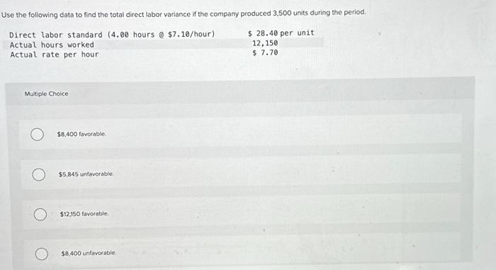 Solved Use the following data to find the total direct labor | Chegg.com