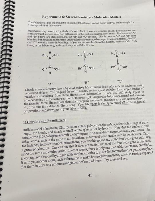 Solved Experiment 6: Stereochemistry - Molecular Models Tho | Chegg.com