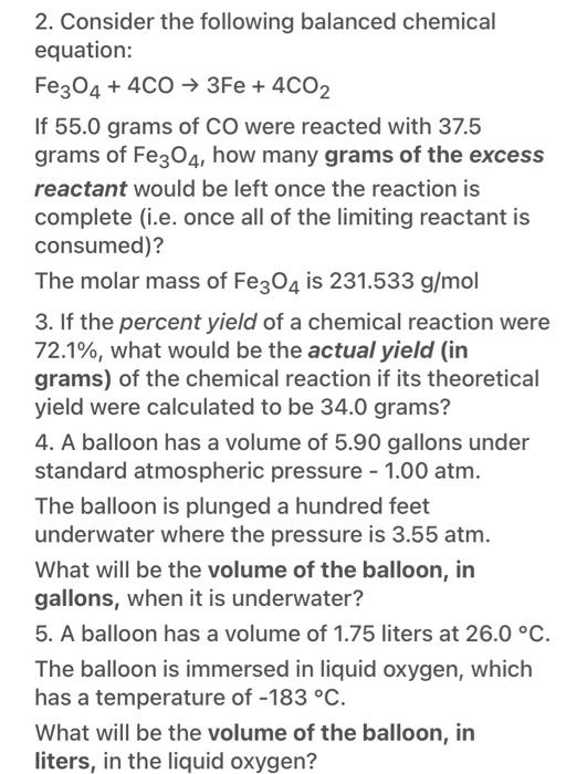 Solved 2. Consider the following balanced chemical equation: | Chegg.com