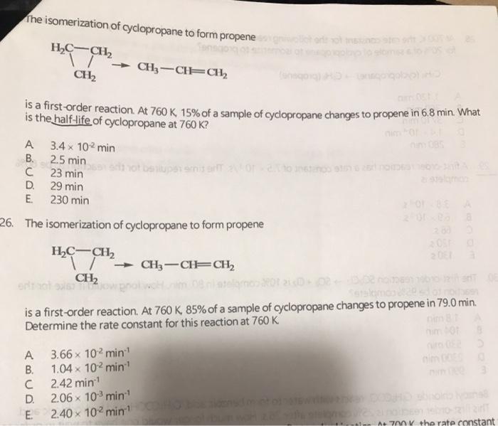 Solved The isomerization of cyclopropane to form propene HT, | Chegg.com