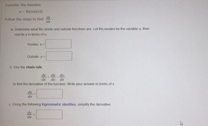 Solved Consider the function y=ln(cos(x)) Follow the steps | Chegg.com