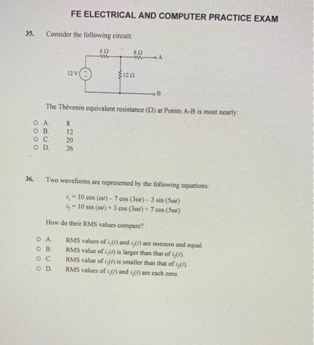Solved FE ELECTRICAL AND COMPUTER PRACTICE EXAM 35. Consider | Chegg.com