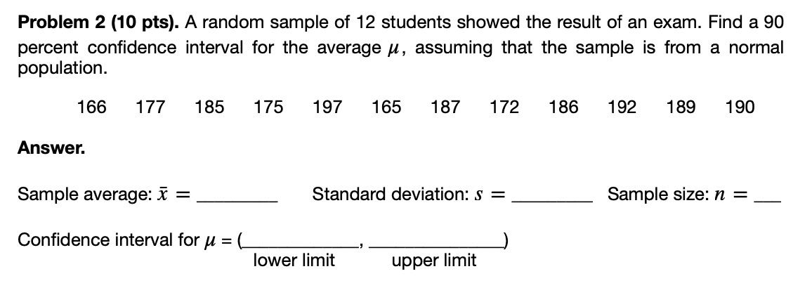 Solved Problem 2 (10 ﻿pts). ﻿A random sample of 12 ﻿students | Chegg.com