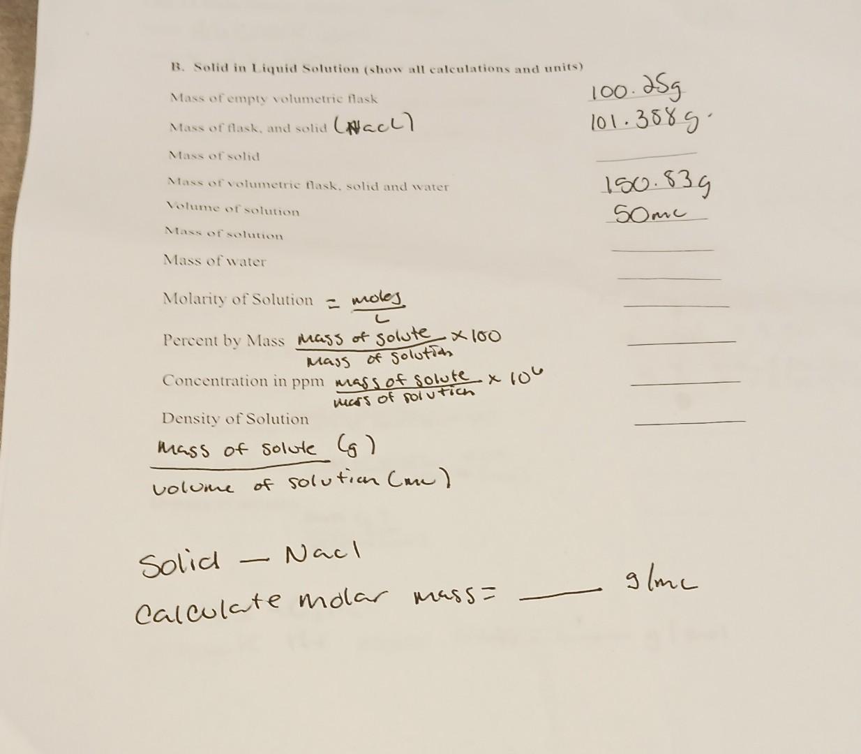Solved B. Solid in Liquid Solution (show all calculations | Chegg.com