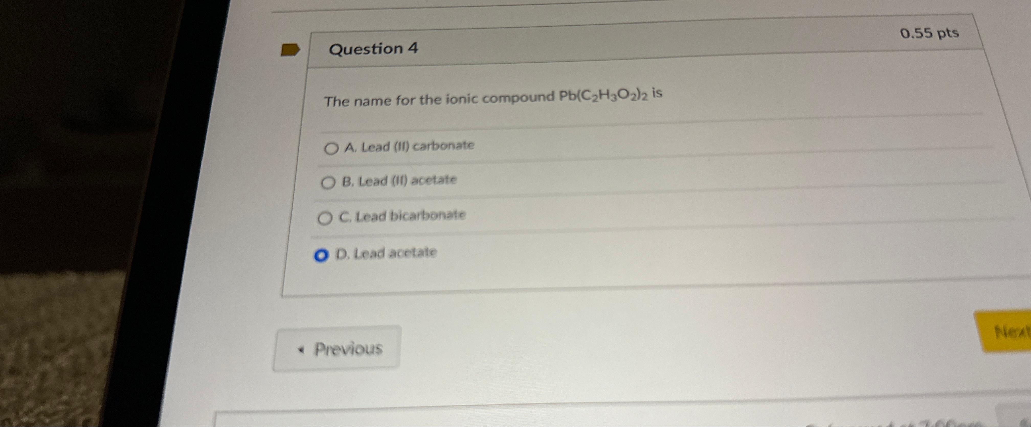 Solved Question 40.55 ﻿ptsThe name for the ionic compound | Chegg.com