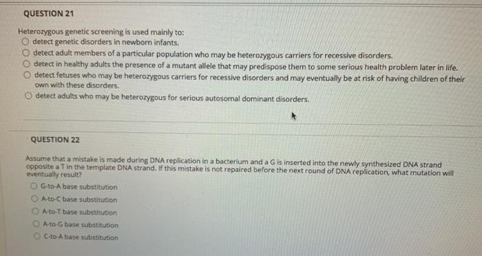 Solved QUESTION 21 Heterozygous genetic screening is used | Chegg.com