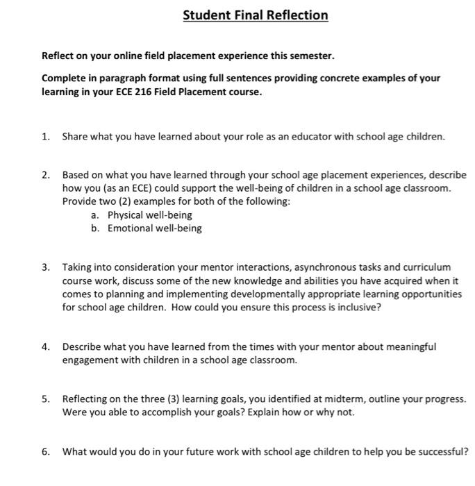 Student Final Reflection Reflect on your online field | Chegg.com