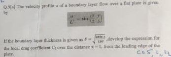 Solved Q.5[a] ﻿The velocity profile u of a boundary layer | Chegg.com
