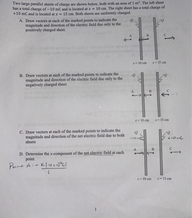 Solved Two large parallel sheets of charge are shown below, | Chegg.com