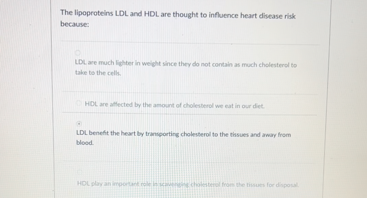 Solved The lipoproteins LDL and HDL are thought to influence | Chegg.com