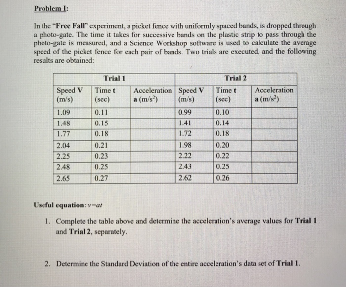 Solved Problem 1: In the "Free Fall" experiment, a picket | Chegg.com