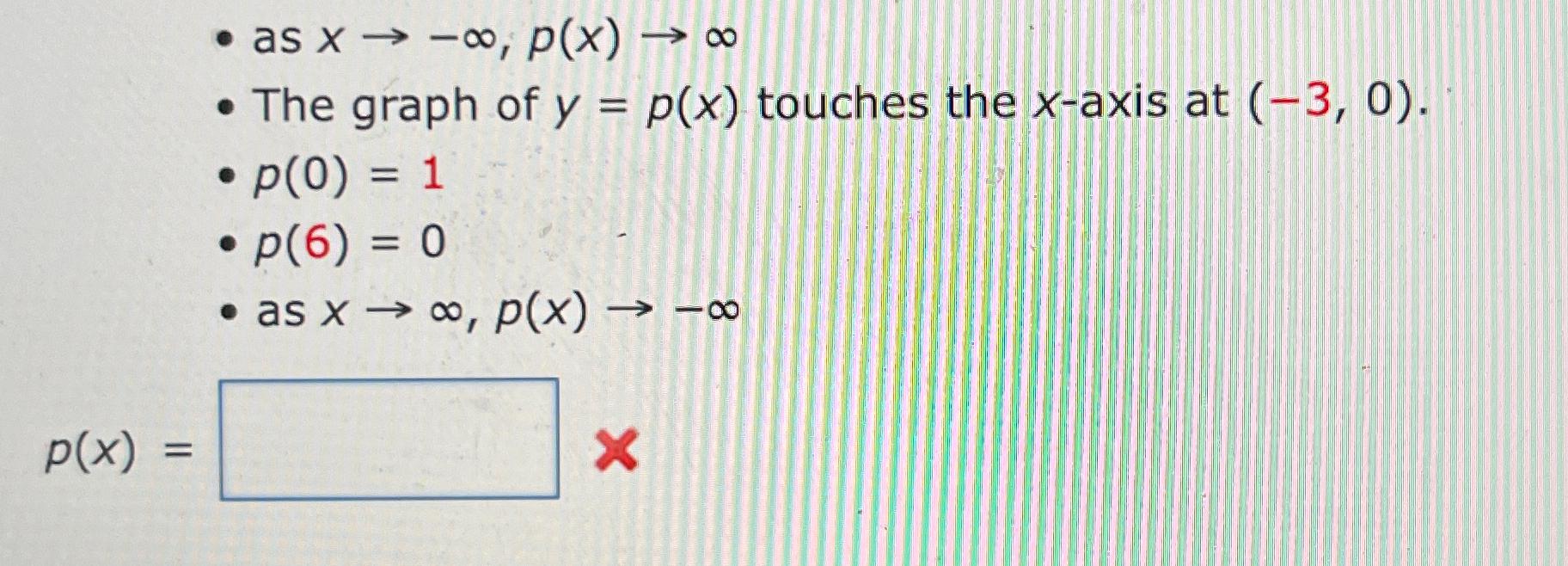 Solved as x→-∞,p(x)→∞The graph of y=p(x) ﻿touches the x-axis | Chegg.com