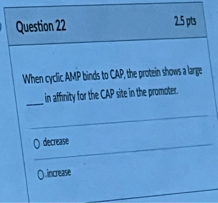 Solved Question 22 25 pts When cyclic AMP binds to CAP, the | Chegg.com