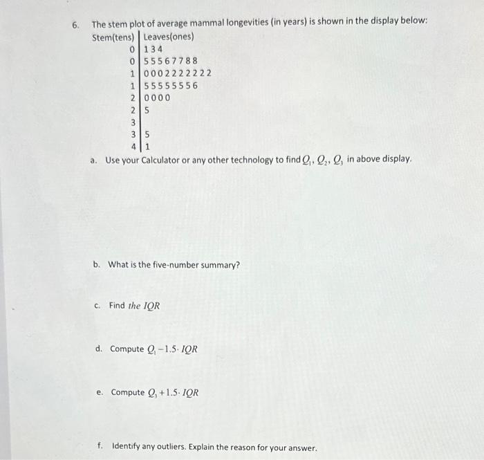 Solved 6. The stem plot of average mammal longevities (in | Chegg.com