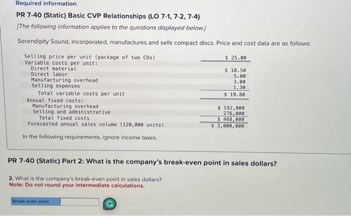Solved PR 7-40 (Static) Basic CVP Relationships (LO 7-1, | Chegg.com