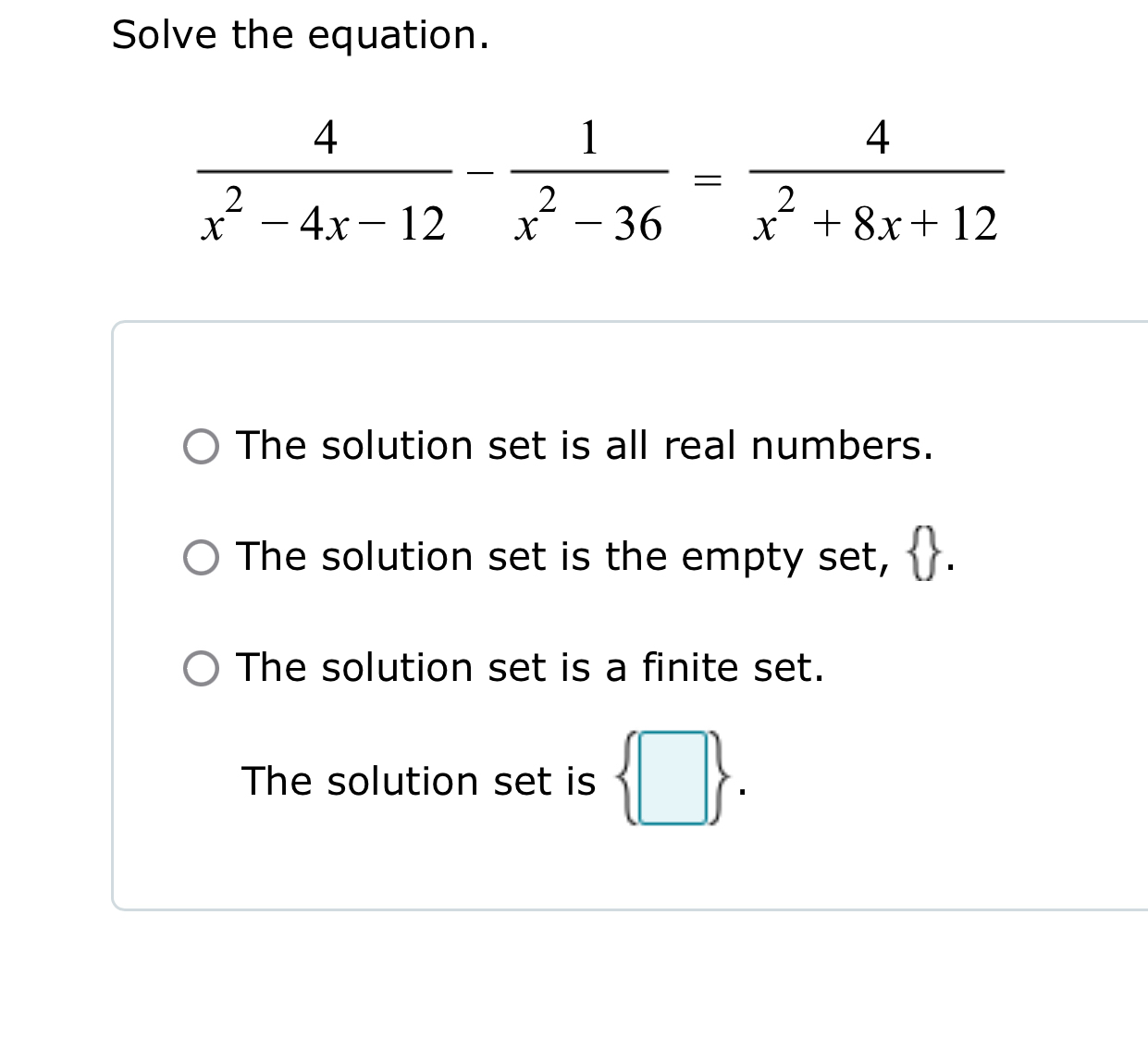 Solved Solve the equation.4x2-4x-12-1x2-36=4x2+8x+12The | Chegg.com