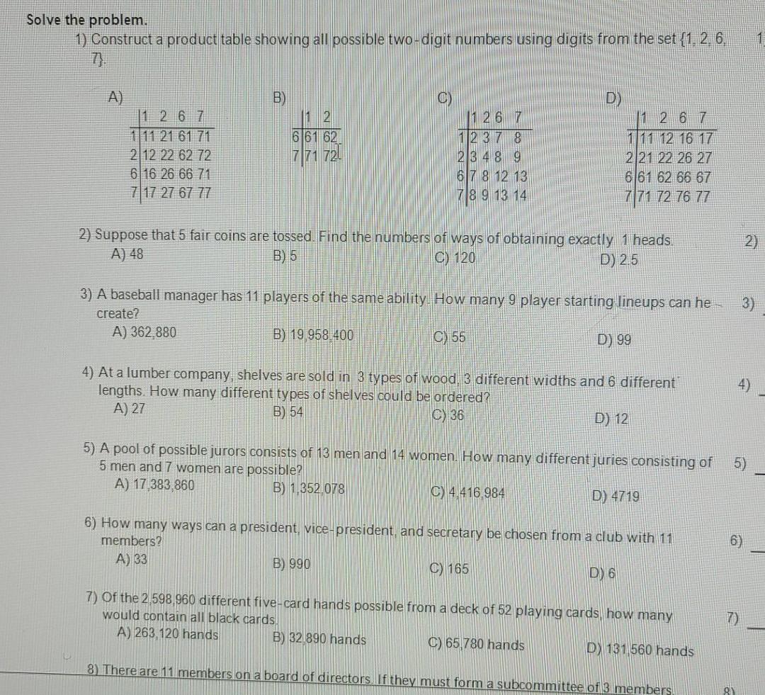 Solved Solve the problem. 1) Construct a product table | Chegg.com