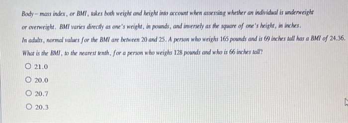 Solved Body-mass index, or BMI, takes both weight and height | Chegg.com