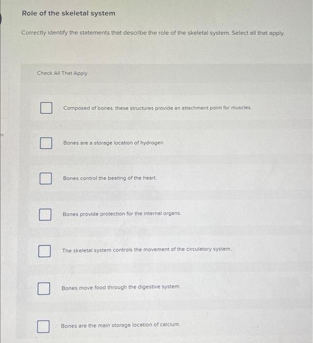 Solved Role of the skeletal system Correctly identify the | Chegg.com