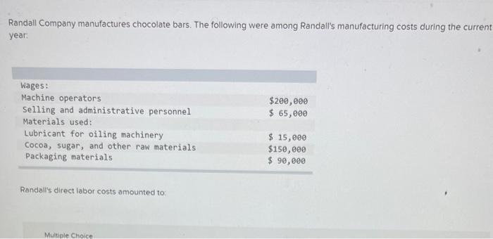 Randall Company manufactures chocolate bars. The | Chegg.com