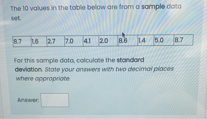 Solved The 10 values in the table below are from a sample | Chegg.com