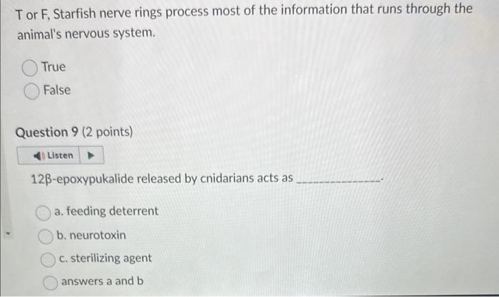 Solved T or F, Starfish nerve rings process most of the | Chegg.com
