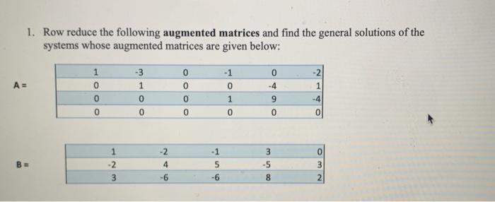 Solved 1. Row reduce the following augmented matrices and | Chegg.com