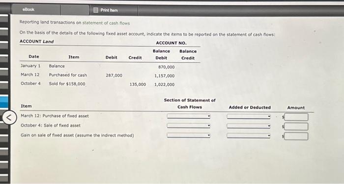 Solved Reporting land transoctions on statement of cash | Chegg.com