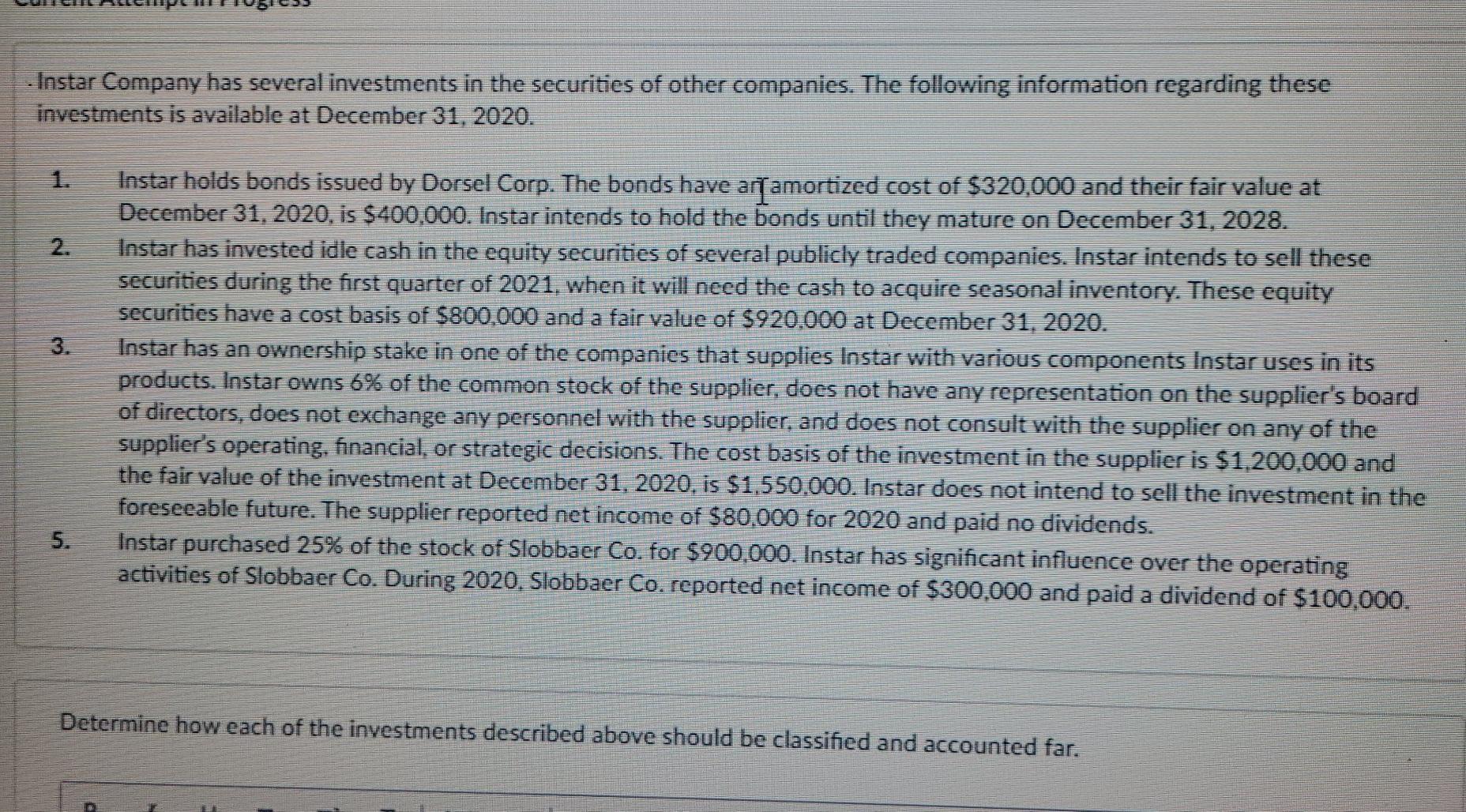 Solved Instar Company has several investments in the | Chegg.com