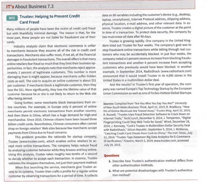 Solved IT's About Business 7.3 MIS Trustev: Helping to | Chegg.com