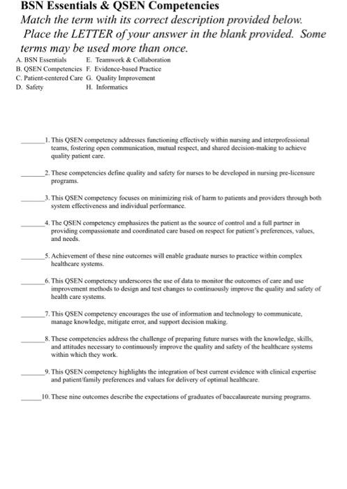 BSN Essentials & QSEN Competencies Match the term | Chegg.com