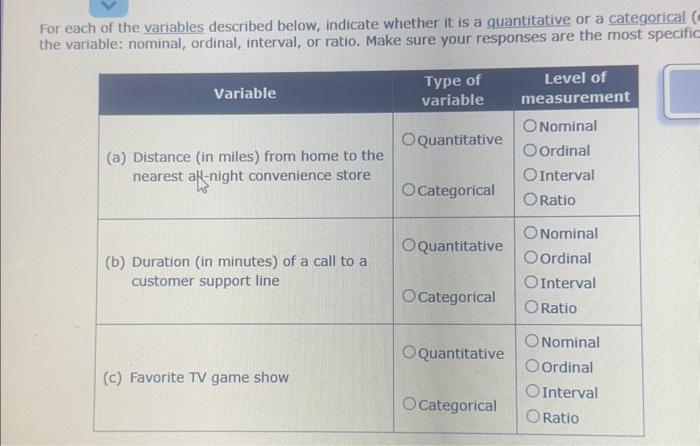 Solved or each of the variables described below, indicate | Chegg.com