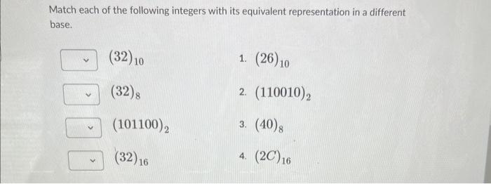Solved Match each of the following integers with its | Chegg.com