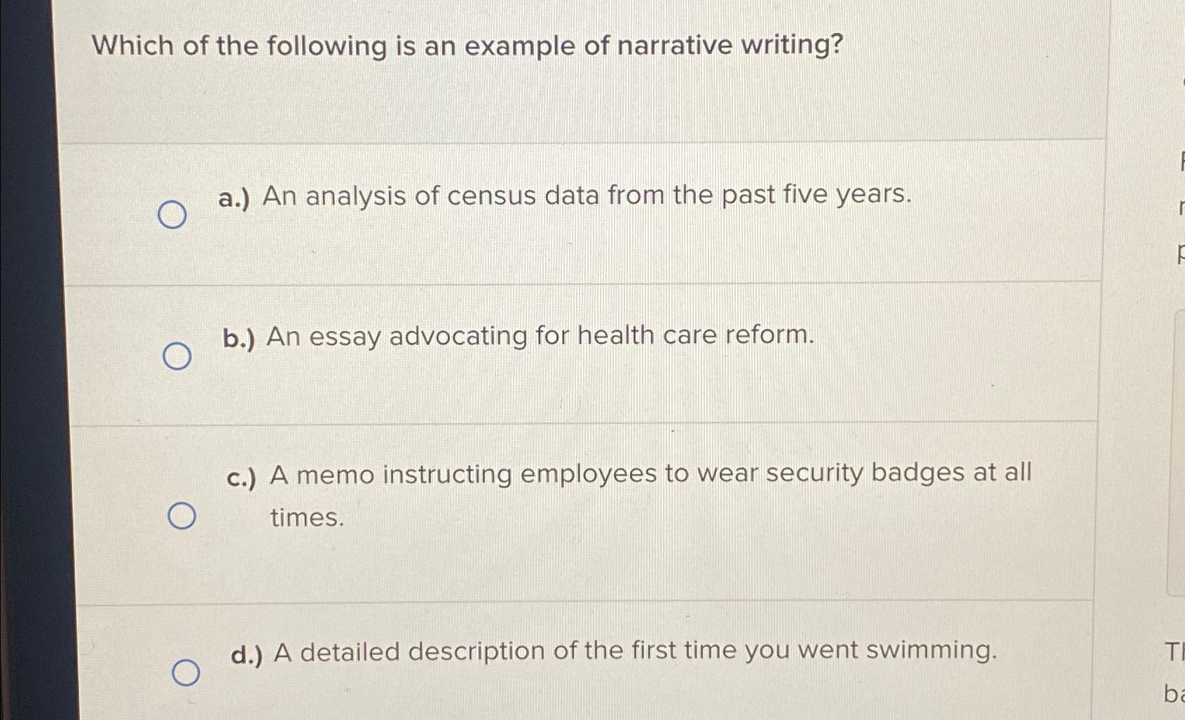 Solved Which of the following is an example of narrative | Chegg.com
