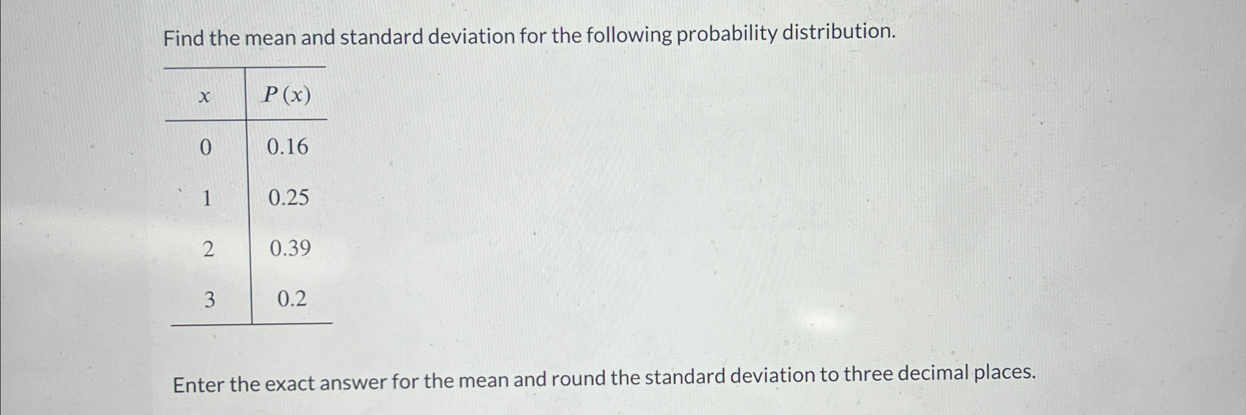 Solved Find the mean and standard deviation for the | Chegg.com